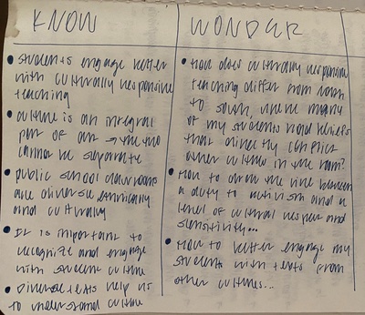 Know, Wonder, Learn chart for the week of August 21st, with a focus on ...