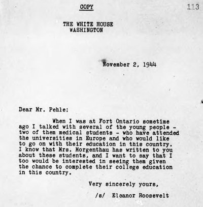 Eleanor Roosevelt, Letter to John Pehle, MD Vol. 792, November 2, 1944 ...