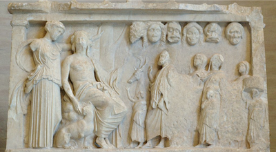Dionysus (seated second from left) and the dancers right below their ...