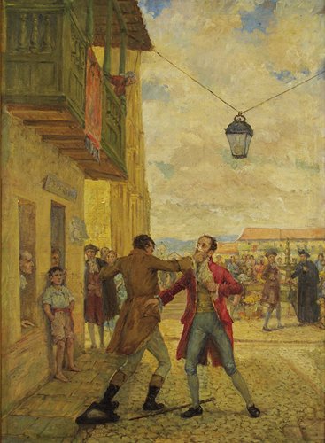 A painting depicting a Creole and a Spanish merchant after the Creole ...