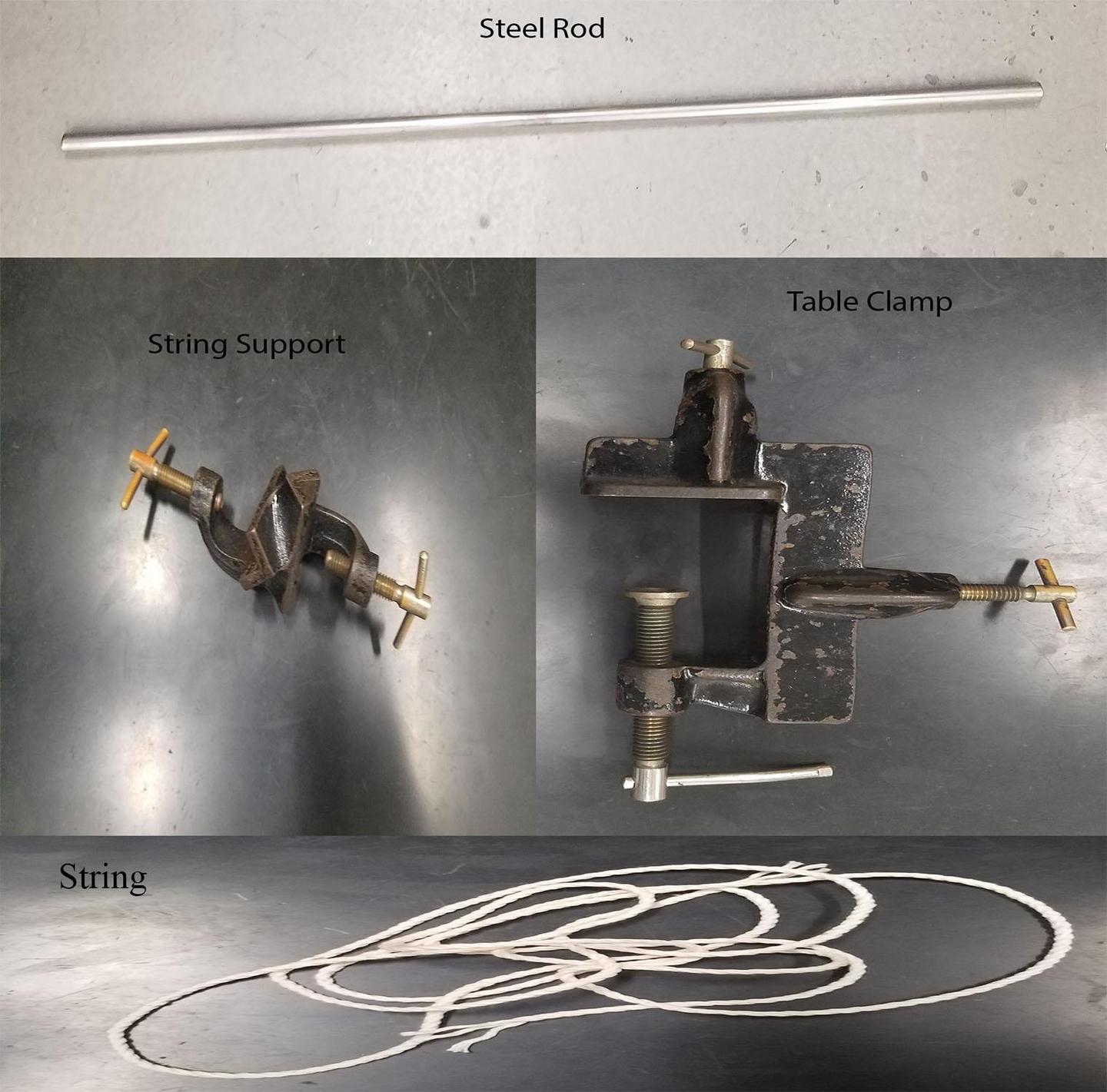 We used a steel rod, string support, string, and table clamp to setup ...