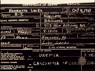 October 4th, 1951: Henrietta Lack's death certificate