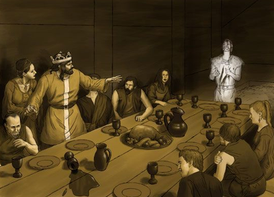 Macbeth sees the ghost of Banquo at a dinner party and goes insane