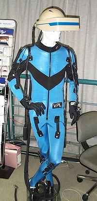 A VPL Research DataSuit, a full-body outfit with sensors for measuring ...