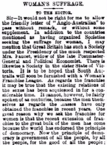 "WOMAN'S SUFFRAGE." South Australian Register (Adelaide, SA : 1839 ...
