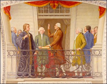 This picture shows George Washington taking the oath to office under ...