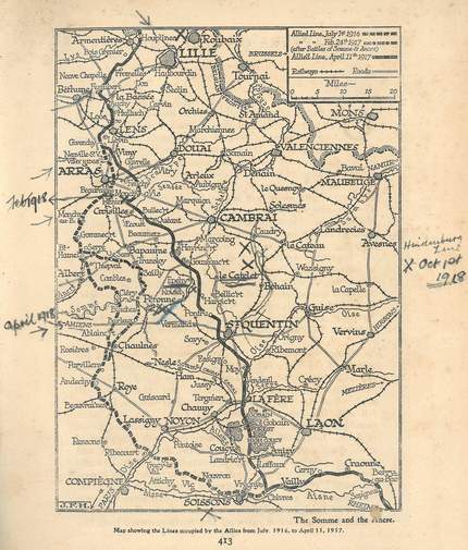 Map of the Hindenburg Line from July 1916 to April 11 1917. From The ...