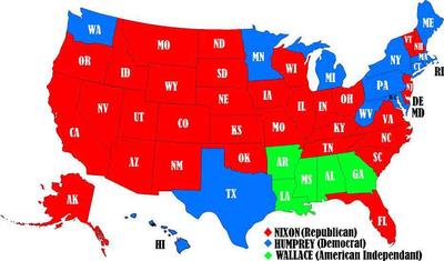 1968 presidential election map showing which states were for which ...