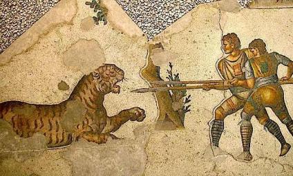 A mosaic of two Bestiarii fighting a tiger (Great Palace, Istanbul, Turkey)