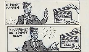 Cartoon depicting President Reagan denying the Iran-Contra Affair