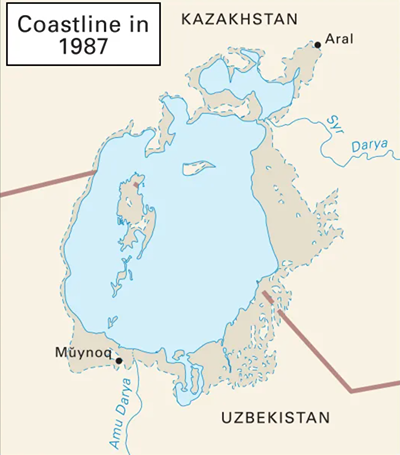Shrinkage of the Aral Sea, 1960–2009.Adapted from Philip Micklin ...