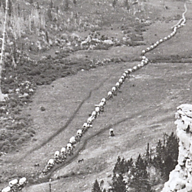William Illingworth takes a picture of the wagon train from above ...