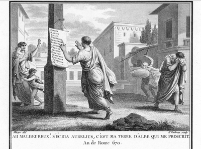 Sylla displays the list of proscribed. Engraving. Drawing by Silvestre ...