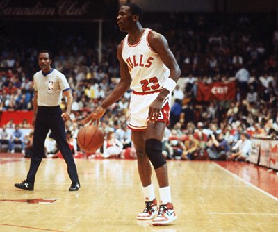 Star basketball player Michael Jordan wearing his Air Jordan's.