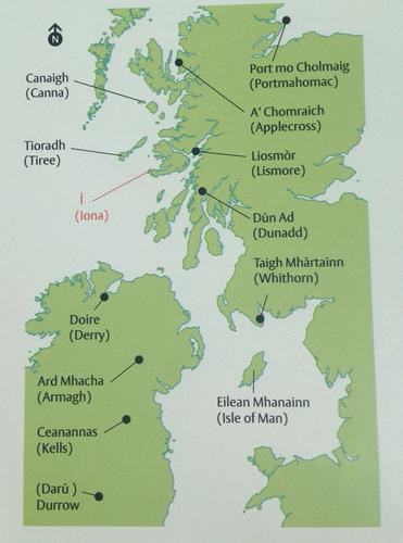 Map of Ireland, Iona (island) in red, Kells in lower left