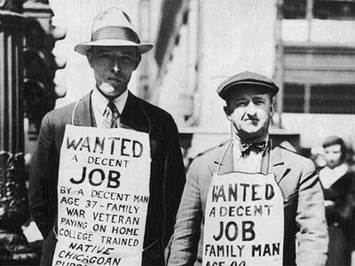 Two men protesting in the streets during the great depression wearing ...
