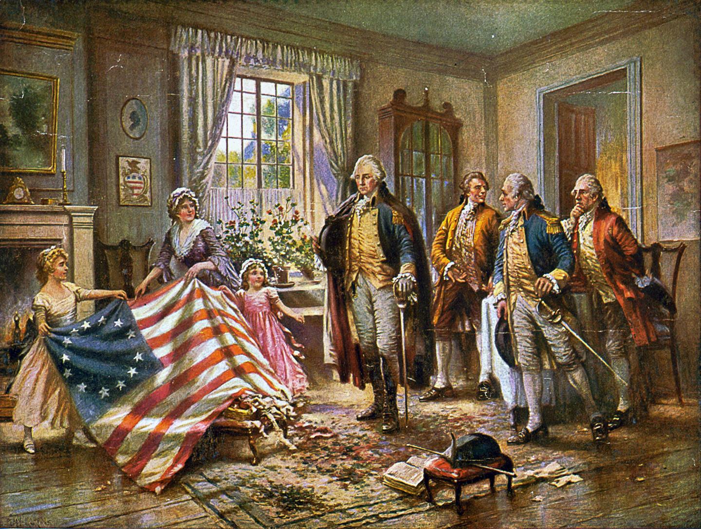 1776 Betsy Ross creating the first interpretation of the American Flag