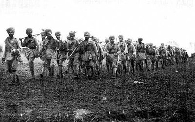 Indian troops marching to battle in Ypres.
