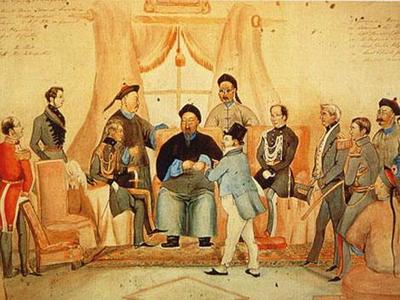 Chinese and British officials negotiating the Treaty of Nanjing