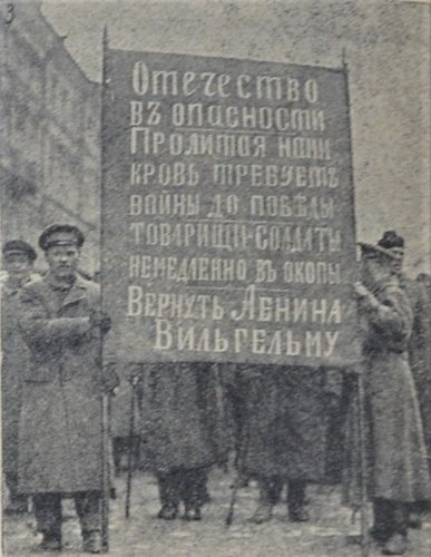 Pictured are war veterans protesting the return of Lenin from exile ...