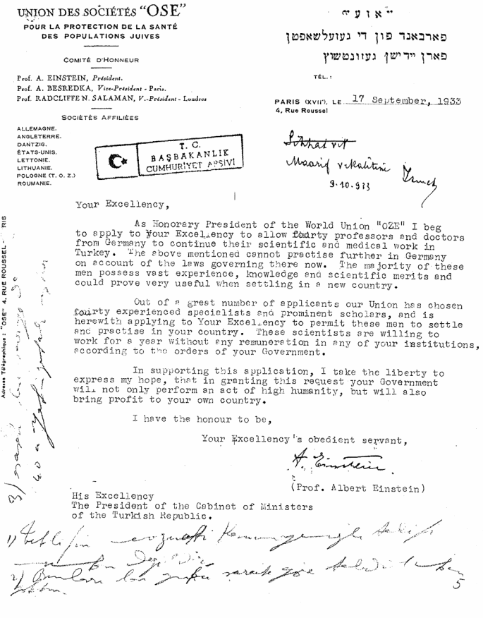 A letter written by Albert Einstein to Kemal Ataturk, Founder of the ...