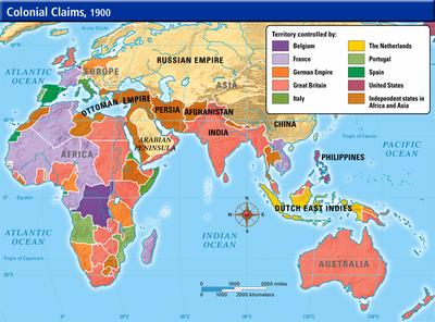 The map above shows which countries had control over certain territories.