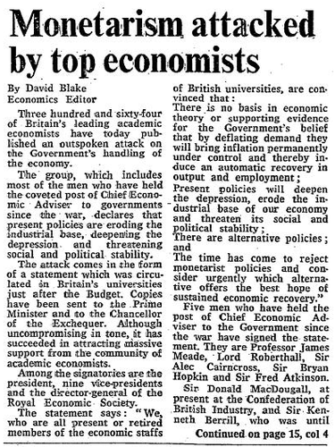 30 March 1981 - 364 economists write letter to The Times protesting ...