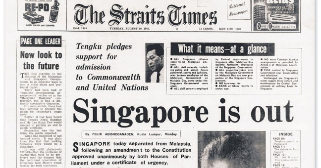 A newspaper headline announcing Singapore's separation from Malaysia