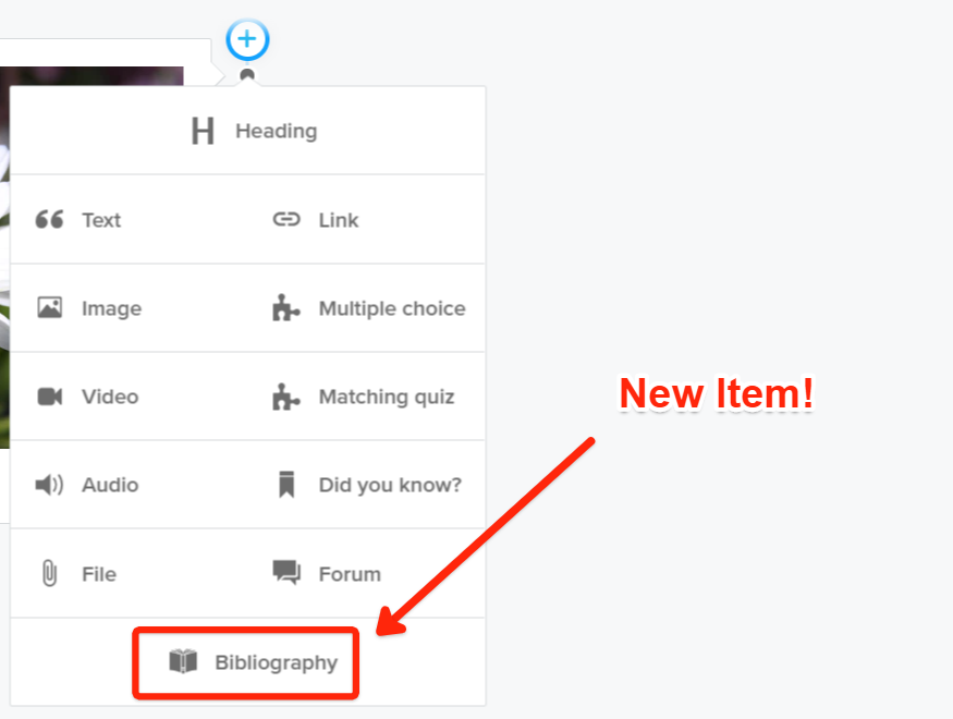 Screenshot of Sutori's creation tool, showing the Bibliography item