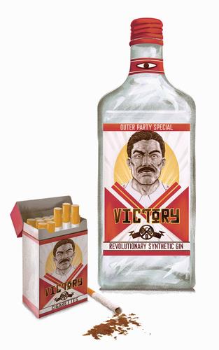 Winston drinks a bit of Victory Gin and smokes a Victory Cigarette.