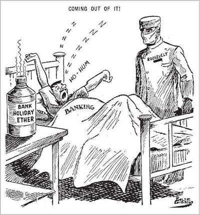 A political cartoon depicting Roosevelt putting "banking" to sleep with ...