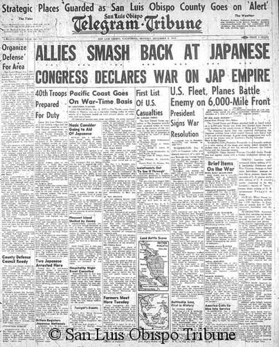 Newspaper about the Allies, including Canada, declaring war on Japan.