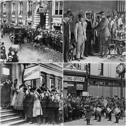 Men waiting in line to enlist at recruitment offices and measured for ...