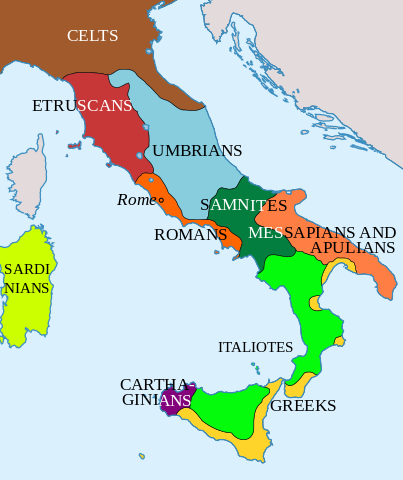 Map of Italy around 400 BC. Map created by Richardprins in 2011 (Wikimedia)