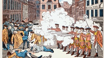 This is the Boston Massacre. This shows British troops shooting at ...