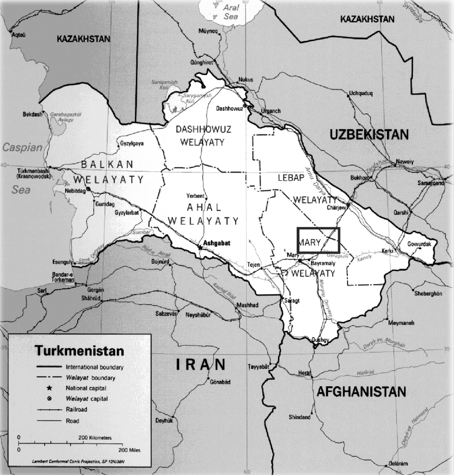 Map of Turkmenistan showing location of Gonur-depe (Kufterin, V. V ...