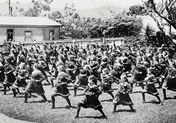 This photo shows school children doing a preformance in the time period ...