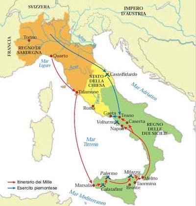 Rappresentazione delle tappe del viaggio compiuto da Garibaldi.
