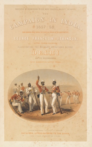 Sepoys at Rifle Practice. Coloured lithograph title page from 'The ...