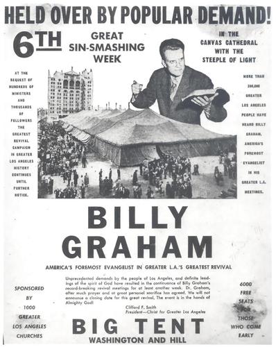 Poster for Billy Graham 1949 Los Angeles tent revival.