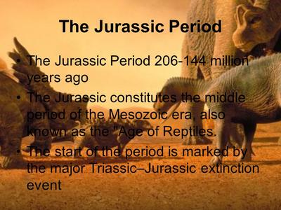 This is the Jurassic Period. It was between 206 and 144 MYA. Its major ...