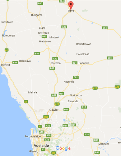 Map of South Australia showing where Burra is located