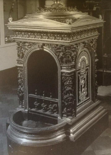 Alfred Stevens, Warm-air Stove, cast bronze with printed earthenware ...