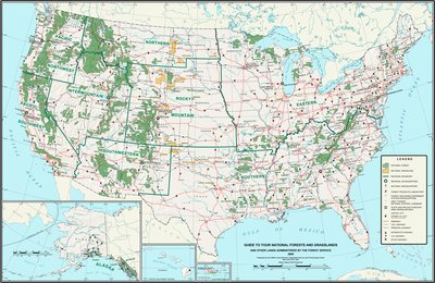 A map of the national forests managed by the US Forest Service.