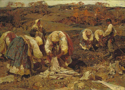 People harvest potatoes in 18th century France.