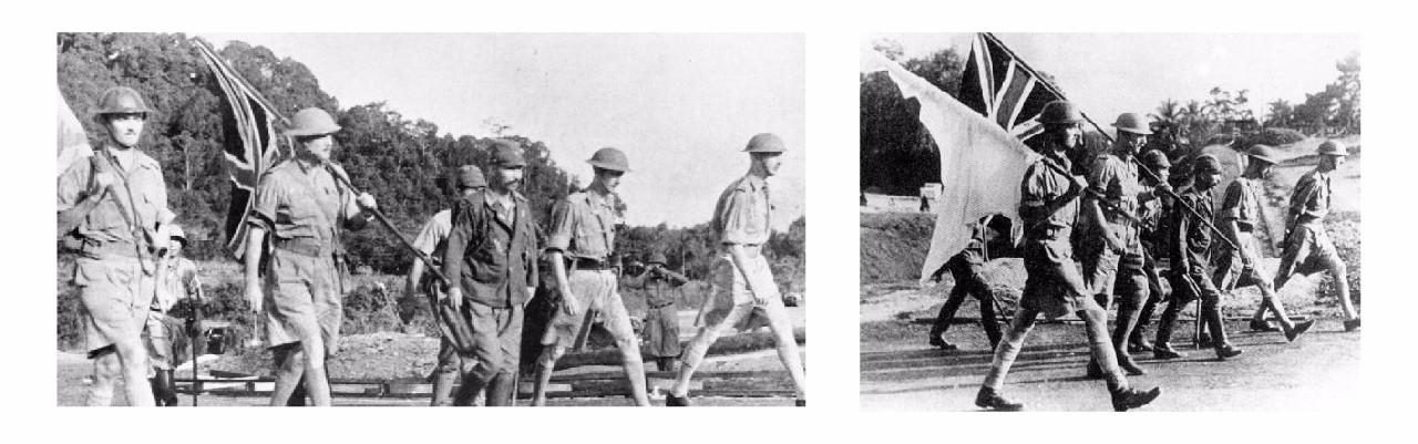 Lt-Gen Percival walking under a white flag of truce.