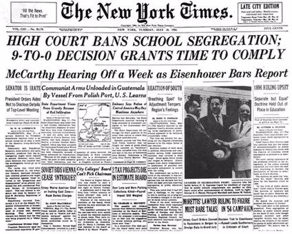 A headline from "The New York Times" on May 18, 1954, announcing the ...