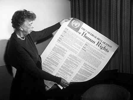 Former U.S. First Lady Eleanor Roosevelt with the English version of ...