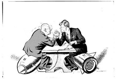 This is a political cartoon showing President Kennedy and Khrushchev ...