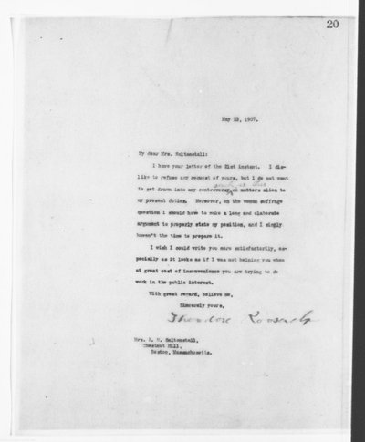 Letter from Theodore Roosevelt to Rose Smith Lee Saltonstall. Theodore ...